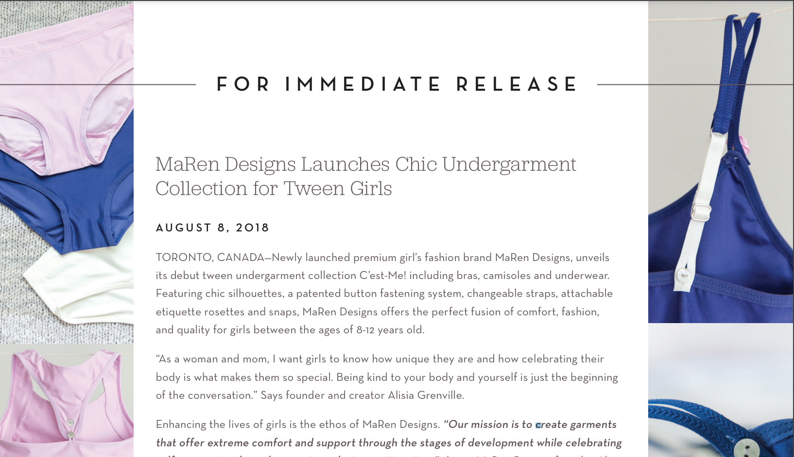 MaRen Designs Launches Chic Undergarment Collection for Tween Girls ...